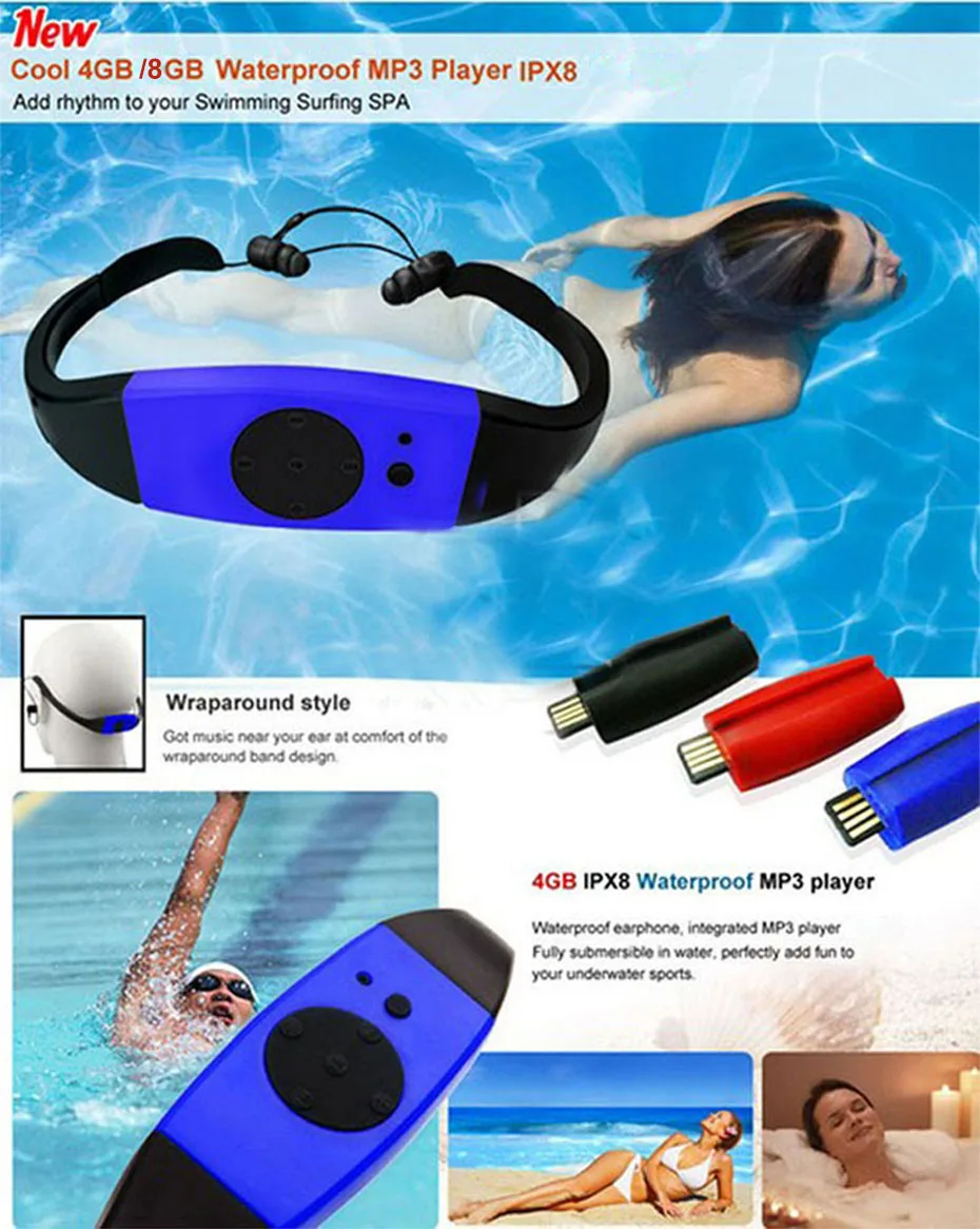 003 4GB/8GB Waterproof IPX8 Diving Swimming Surfing MP3 Player Headset ...