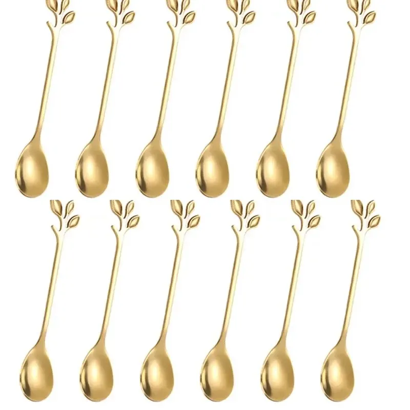 12 Pcs Stainless Steel Gold Tree Leaf Spoon Coffee Spoon Fruit Spoon ...