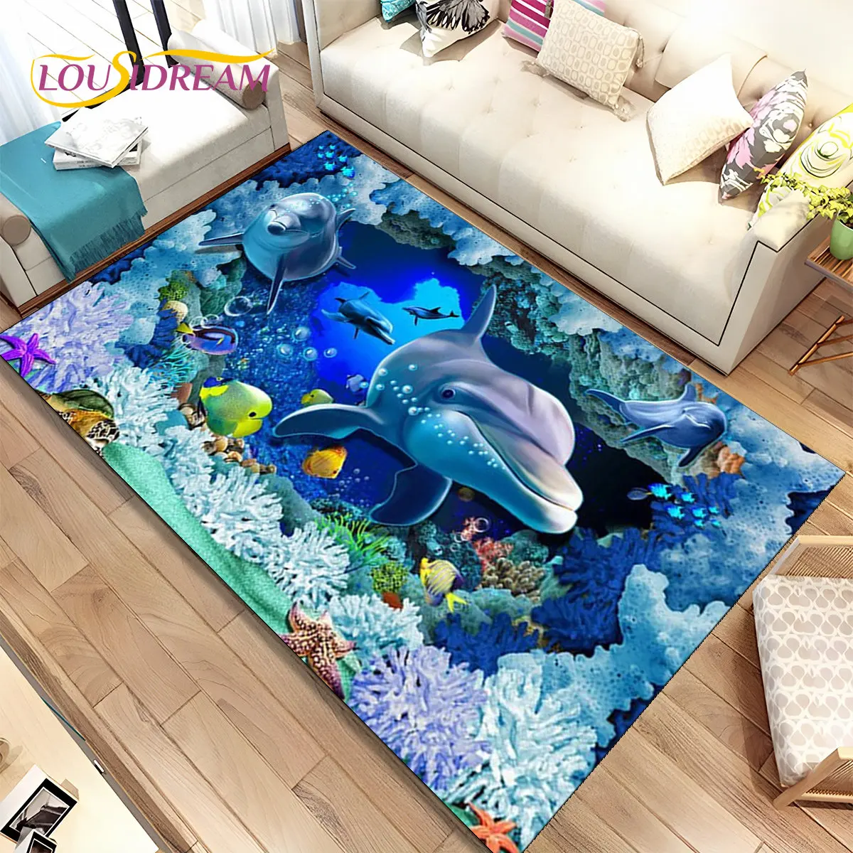 3D Illusion Seabed Underwater World Dolphin Shark Area Rug,Carpet Rug ...
