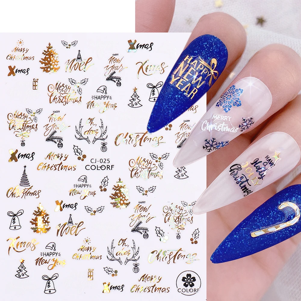 Merry Christmas Lettering Nail Stickers New Year Decoration Laser Gold 
