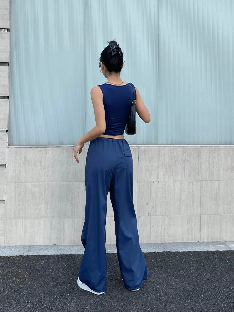 Sun-imperial - women navy blue wide leg cargo trousers pants with tie ...