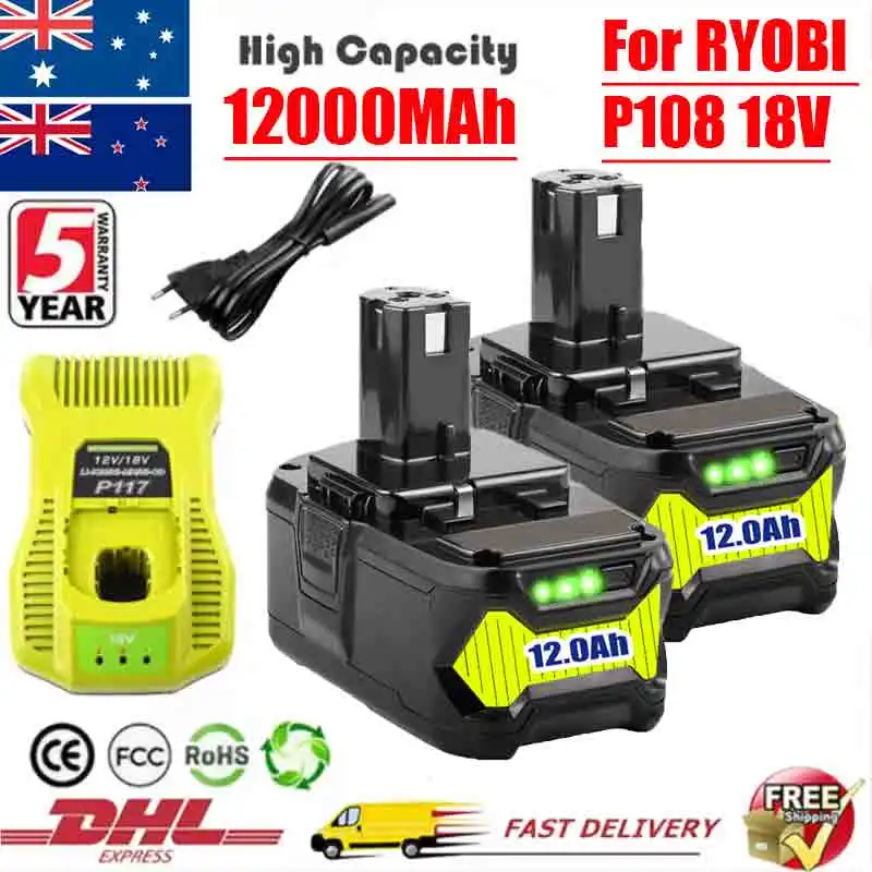 12Ah For RYOBI 18V Battery P108 18V One+ Plus Battery 18 Volt Lithium ...