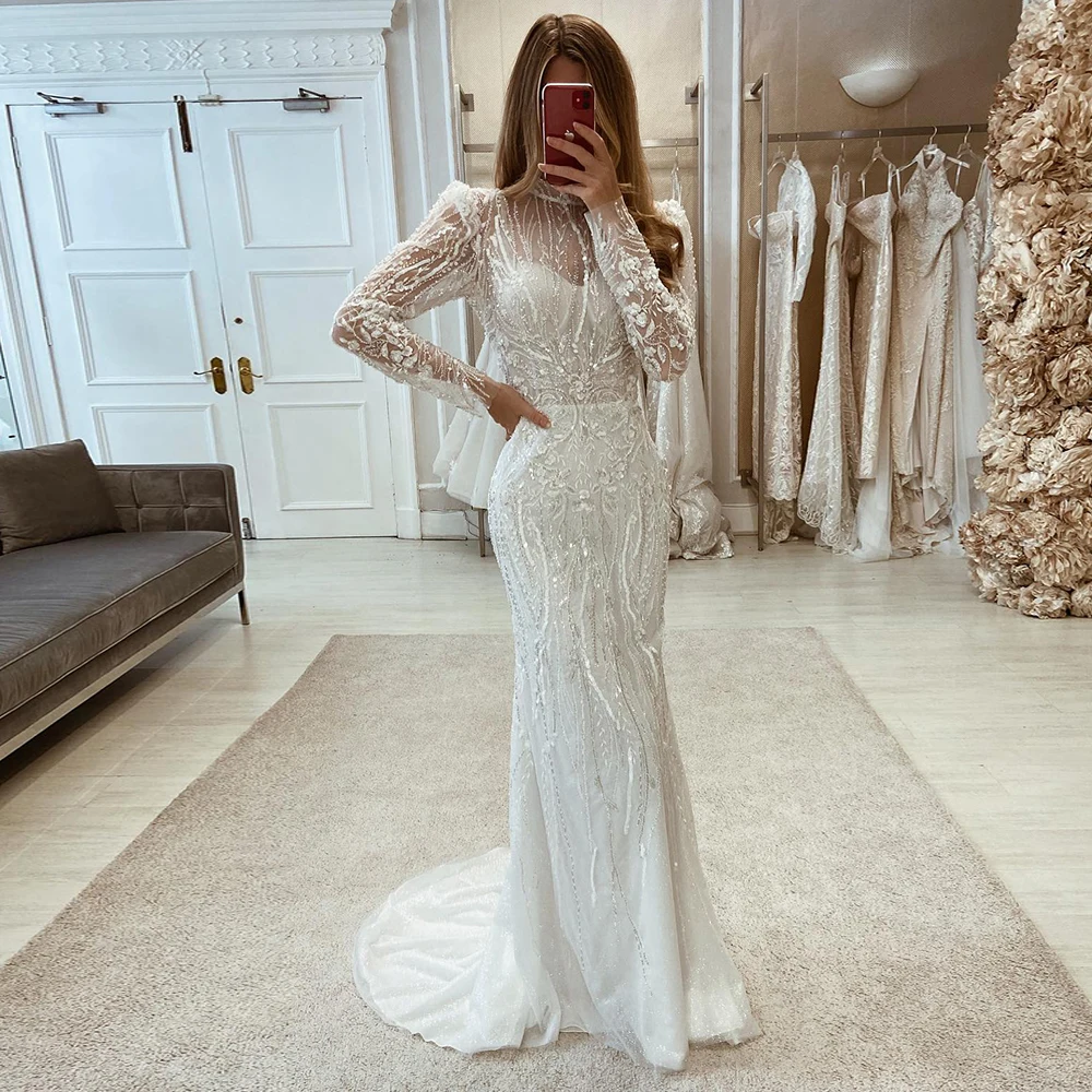 Robe De Mariée Sirène En Dentelle Perlée Pour Femmes, Tenue De Luxe Longue, Manches Longues ...