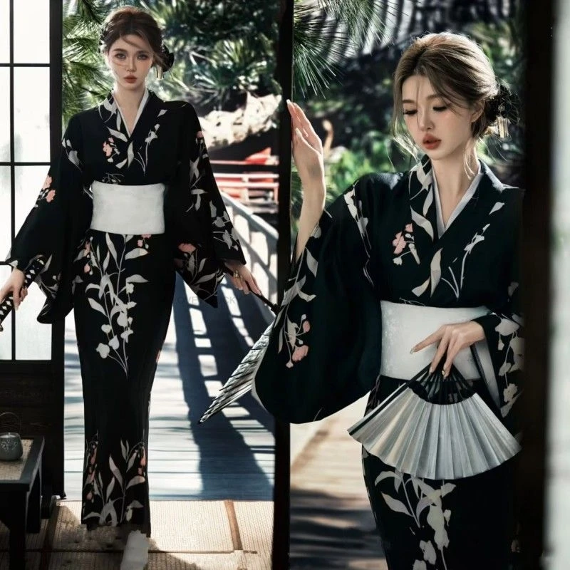 Vintage Style Women's Black Dress Traditional Japan Kimono Black Color ...