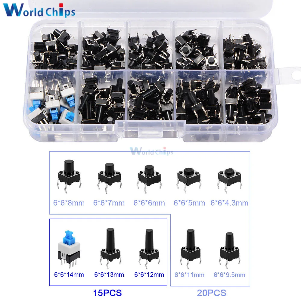 180Pcs Tactile Push Button Switch Mini Micro Momentary Tact Assortment ...