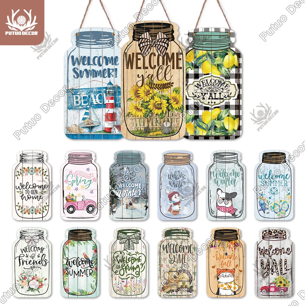Putuo-Decor-Welcome-Sign-Mason-Jar-Shape-Wooden-Wall-Signs-Weather ...
