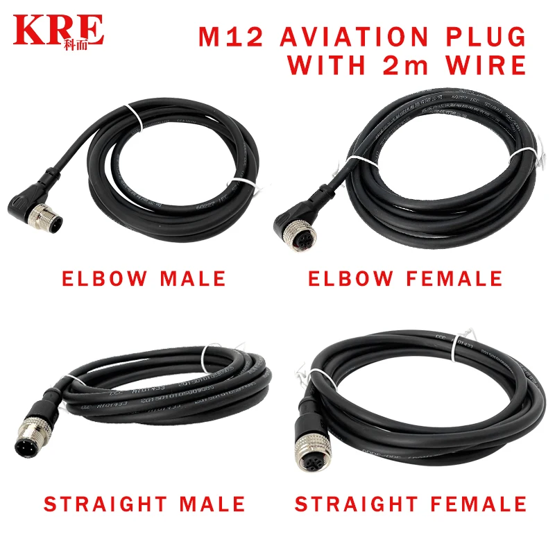 KRE M12 4P 5P 8Pin Sensor Connector Cable Waterproof Plug Male&Female +2M PVC line A Type Angle ...