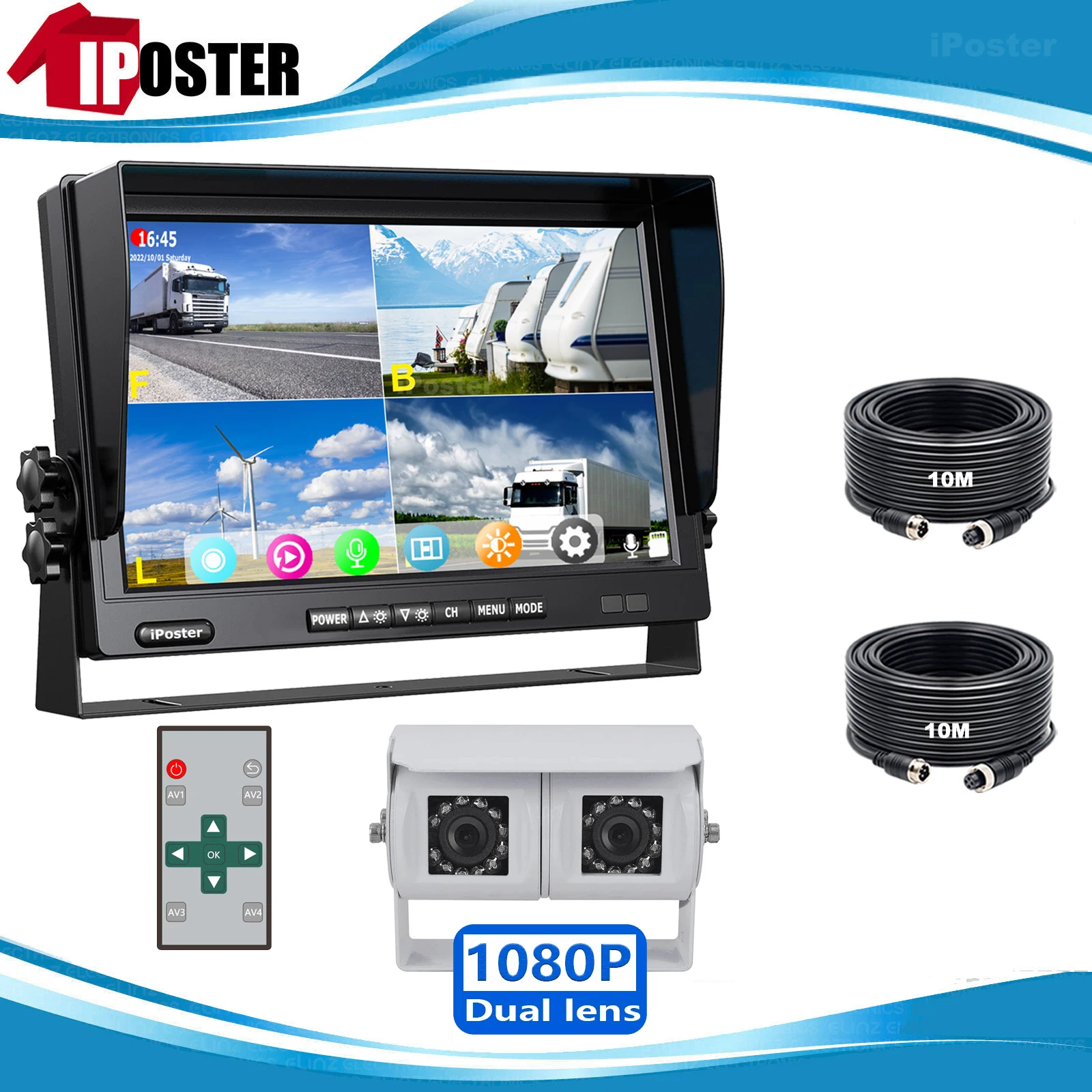 iPoster 7" IPS Screen QUAD Monitor White Dual Head Joint 1080P AHD Rear ...
