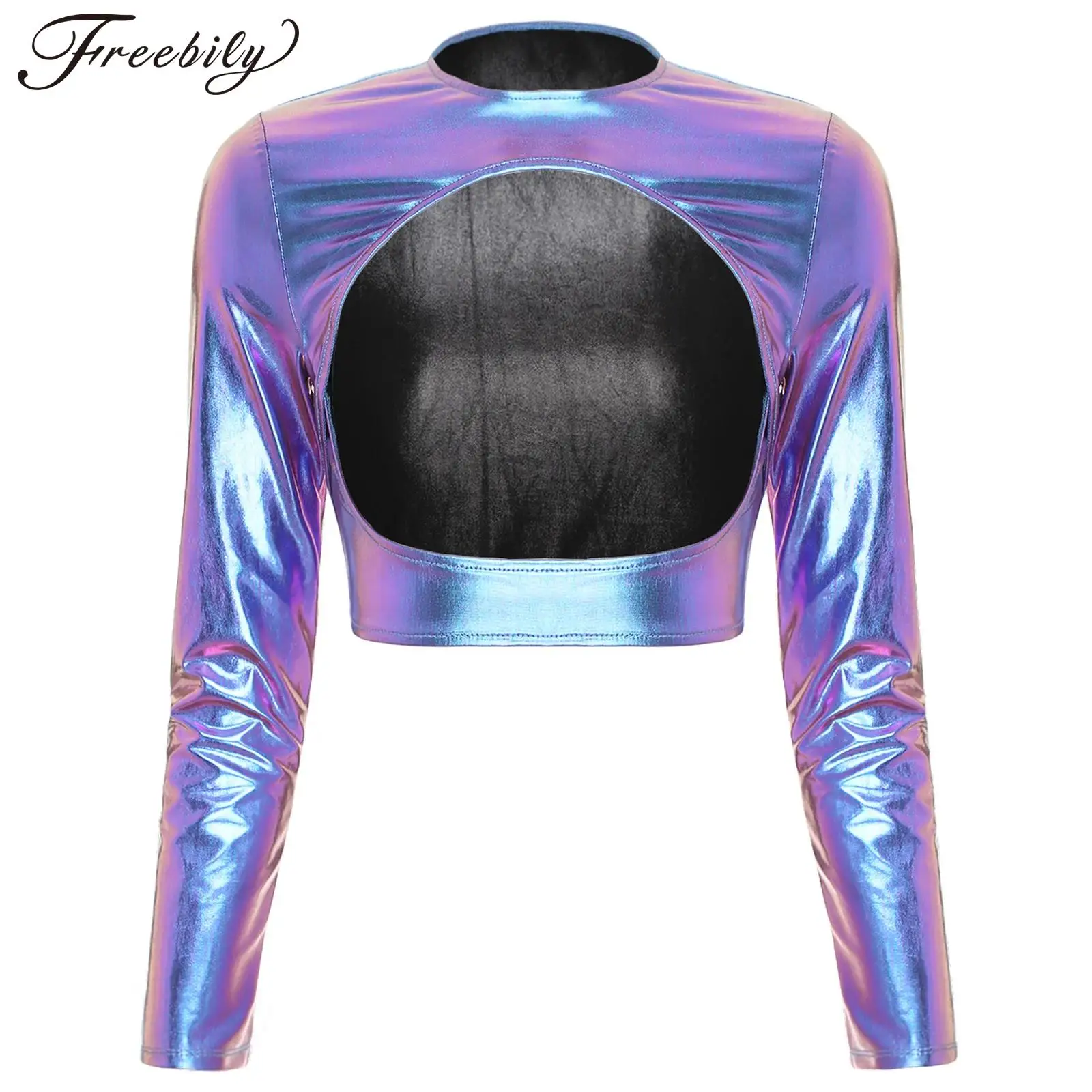 Womens-Shiny-Metallic-Cut-Out-Crop-Top-Sexy-Open-Cup-Shirt-Exotic ...