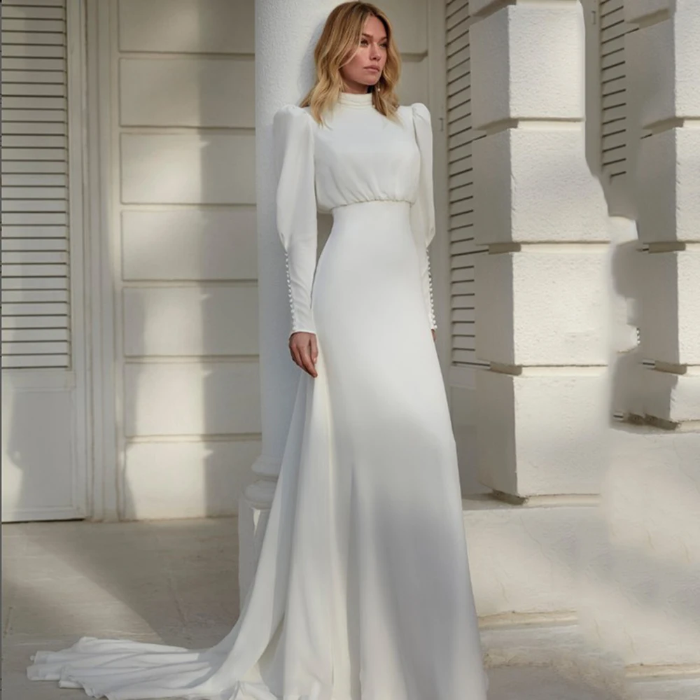 Modern-High-Neck-White-Chiffon-Wedding-Dress-For-Women-Long-Lantern ...