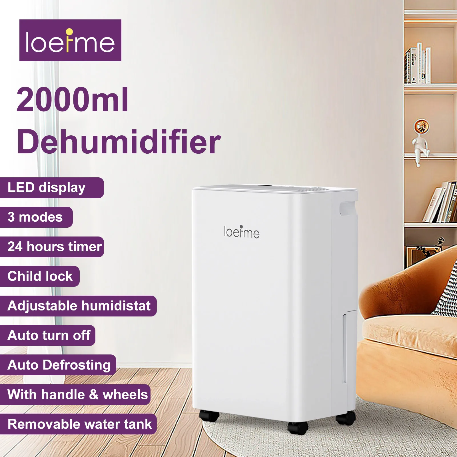 LOEFME 2000ML Electric Dehumidifier for Home Basement Bedroom Automatic ...