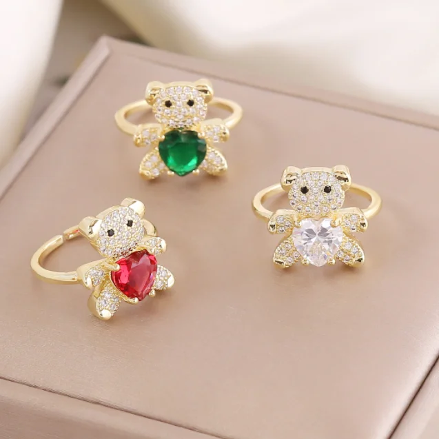 Anillo de oso de amor, joyería de lujo con luz INS, bonito regalo para niña, venta al por mayor ...