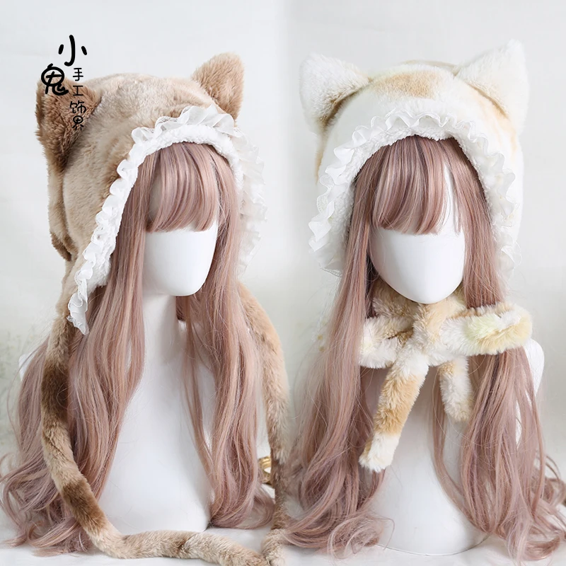 Three Flower Cat Ears Cute Lace Autumn and Winter Ushanka Lolita Plush ...