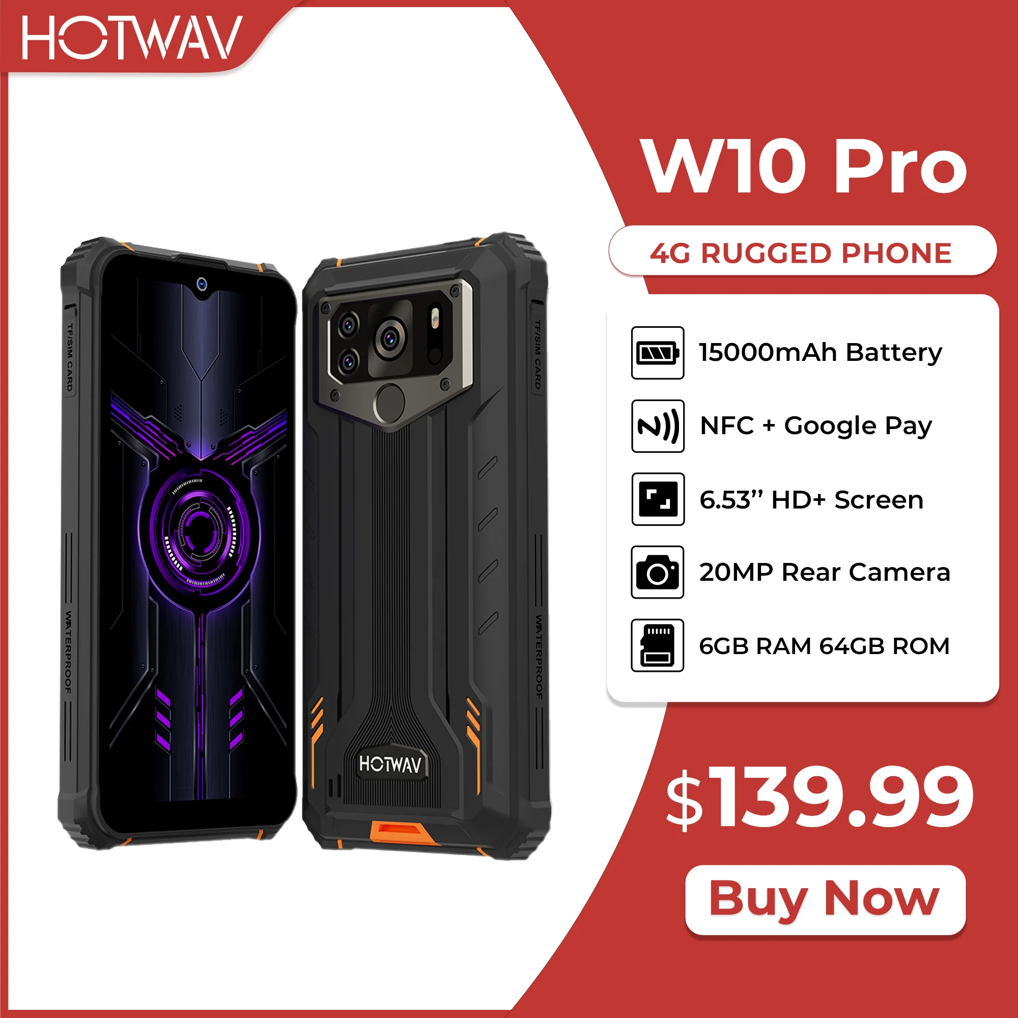 HOTWAV W10 Pro Rugged Smartphone Android 12 15000mAh 6GB RAM 64GB ROM ...