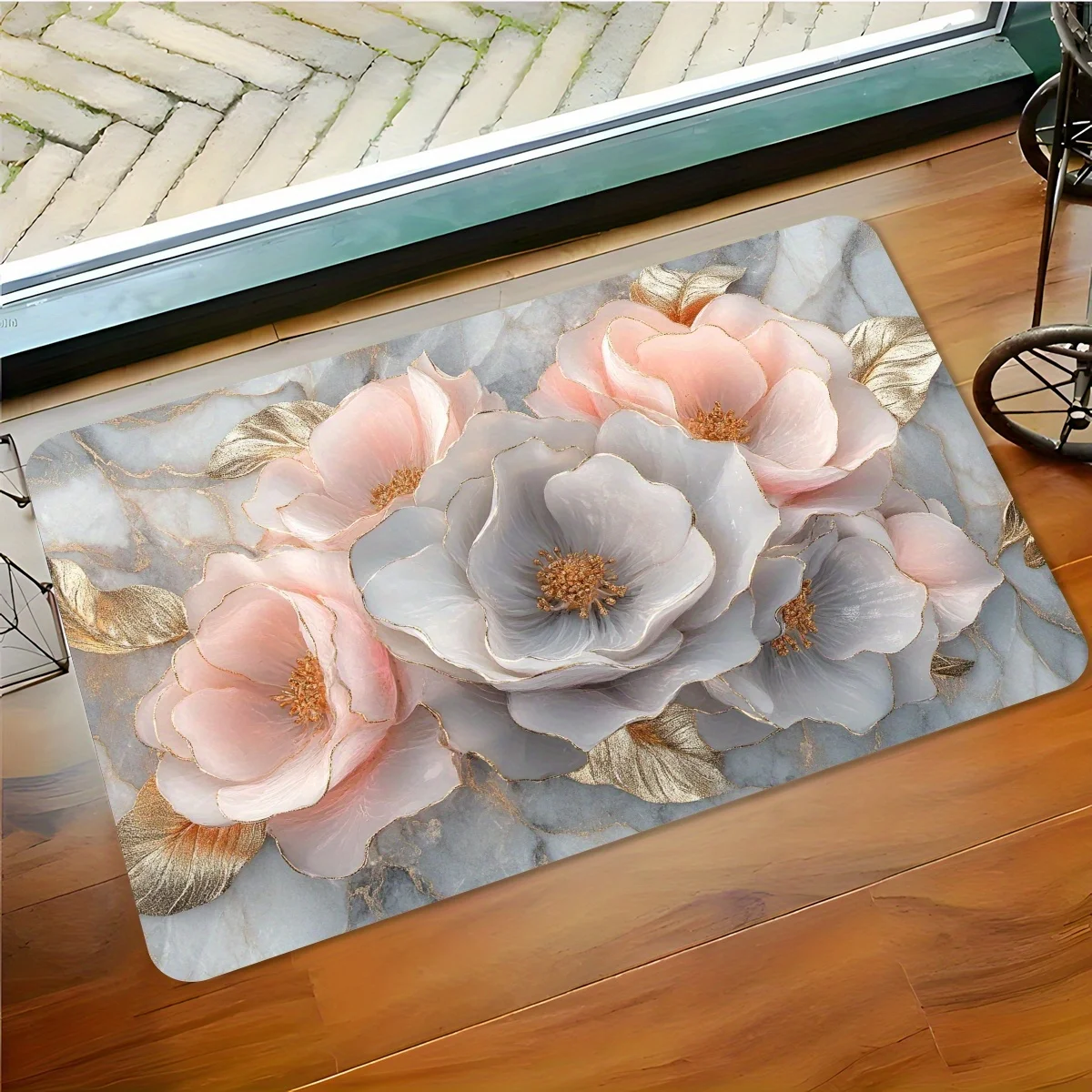 1pc romantic gold frame flower pattern floor mat, polyester fabric ...