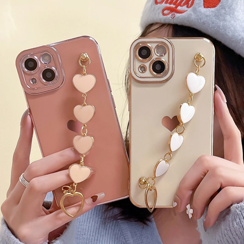 Luxury-Plating-Love-Heart-Wrist-Bracelet-Phone-Case-For-iPhone-15-14-13 ...
