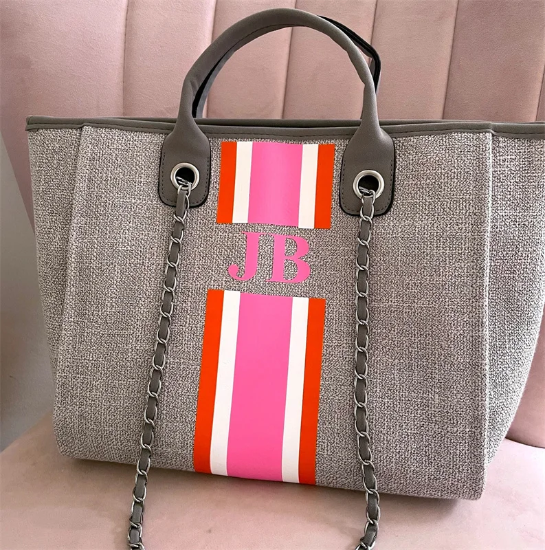 Monogram-Tote-Bag-Canvas-Personalized-Customised-Orange-Pink-White ...