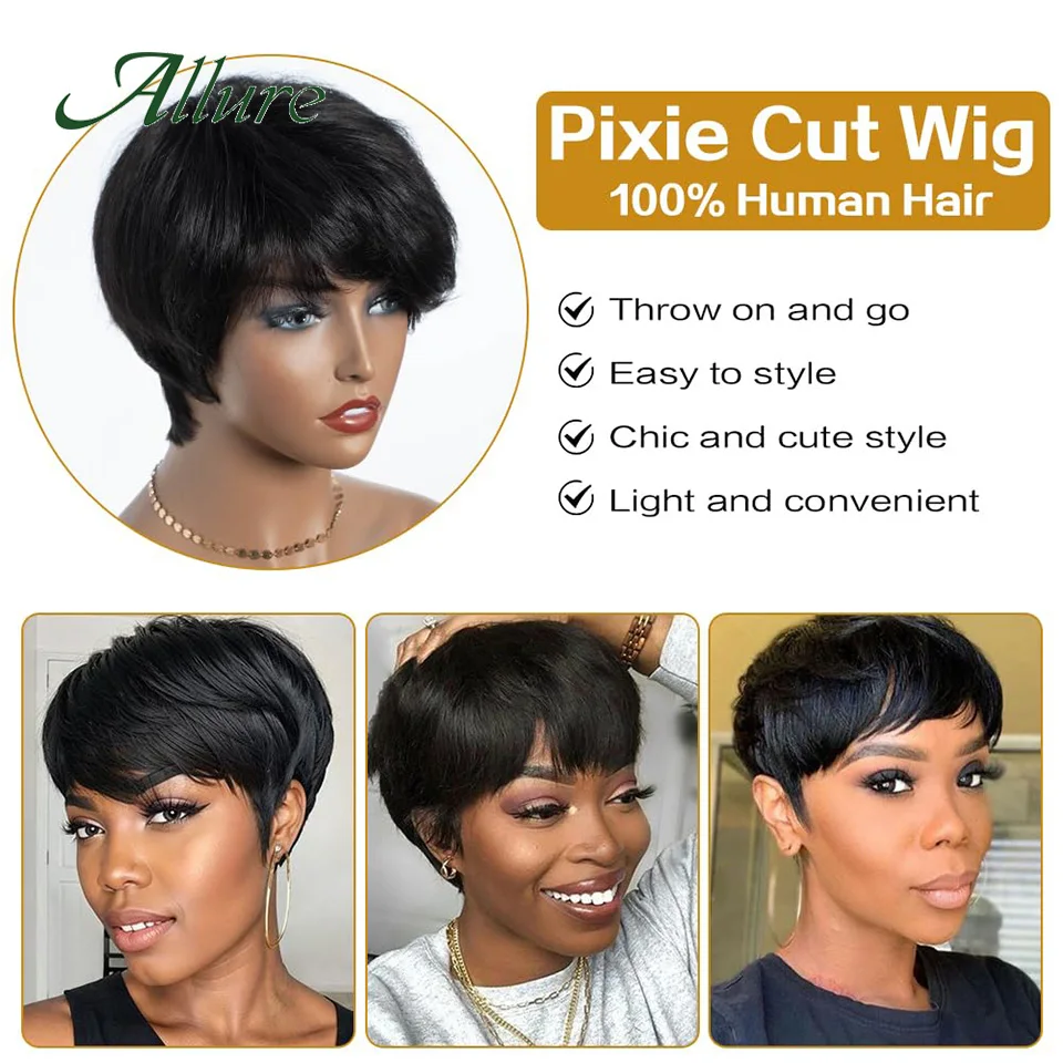 Natural Short Bob Pixie Cut Wigs For Black Women Straight Colored Human Hair With Bangs Glueless Natural Brazilian Hair Allure AliExpress