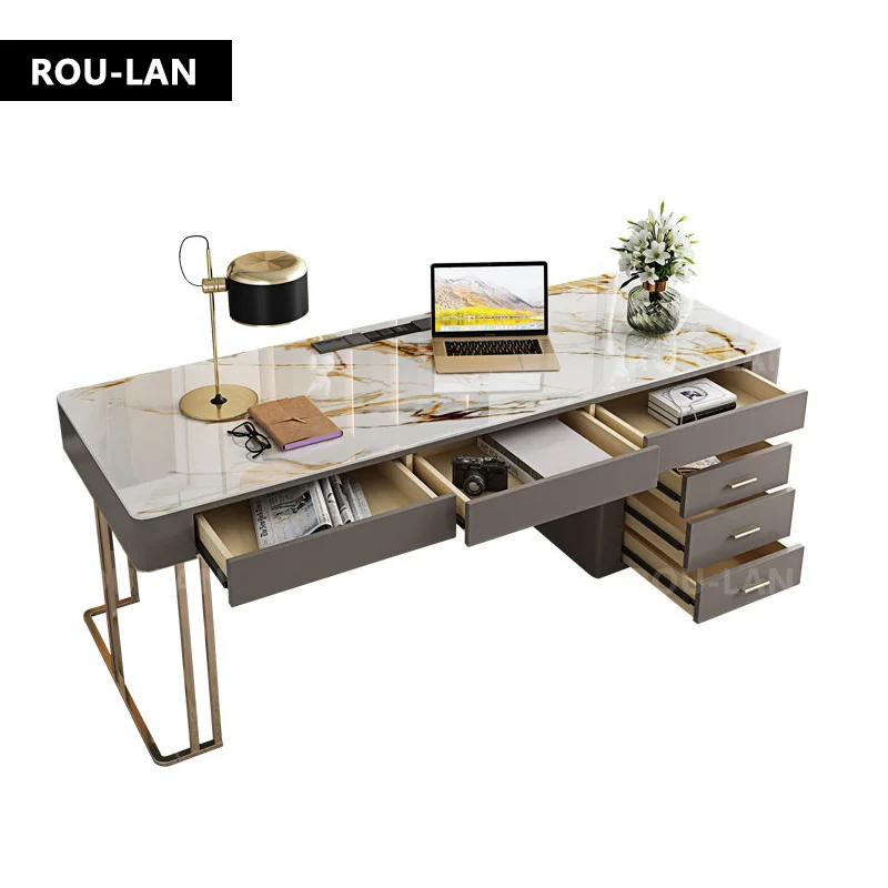 Light-Luxury-Desk-Glossy-Rock-Panel-Office-Desk-And-Chair-Combination ...