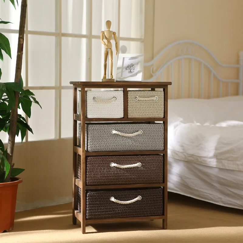 Korean style Solid Wood Storage Cabinet Rattan Drawers Locker Modern ...
