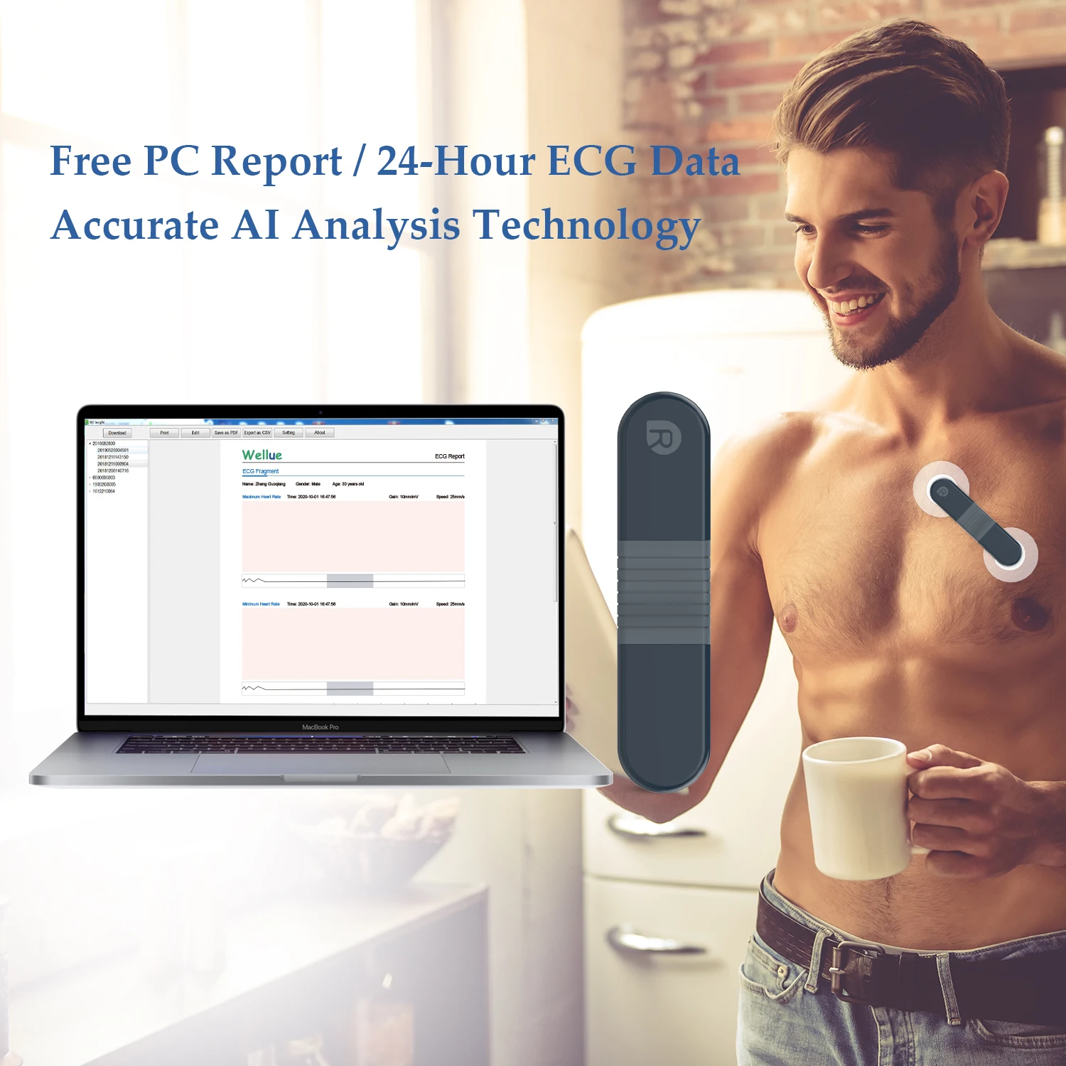 24-Hour ECG Monitor With AI Analysis, Continuous ECG/EKG