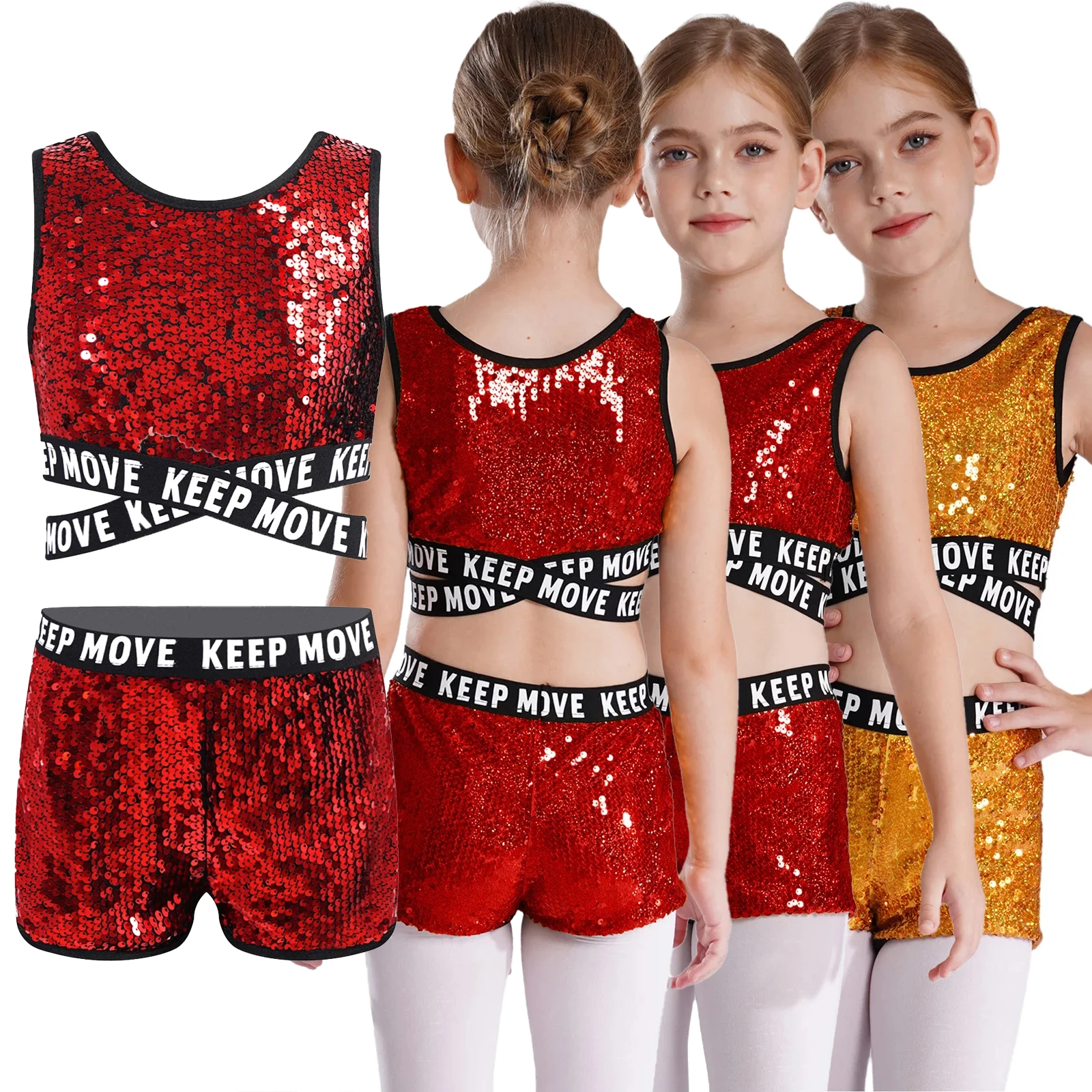 Kids Girls Shiny Dance Clothes Set Sequin Dancewear Jazz Dance Outfit ...