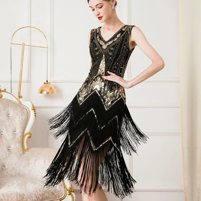 Women-1920s-Sleeveless-V-Neck-Double-Layer-Tassel-Dress-Gatsby-Cocktail ...