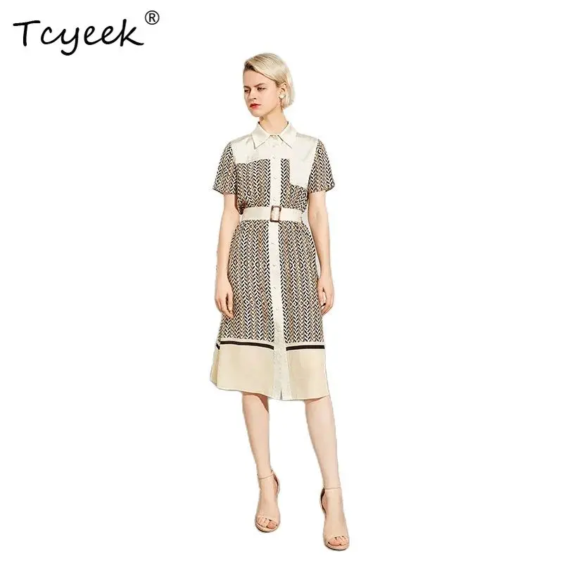 Tcyeek 16MM 100%Real Silk Elegant Fashion Dresses Women's Short Sleeve ...