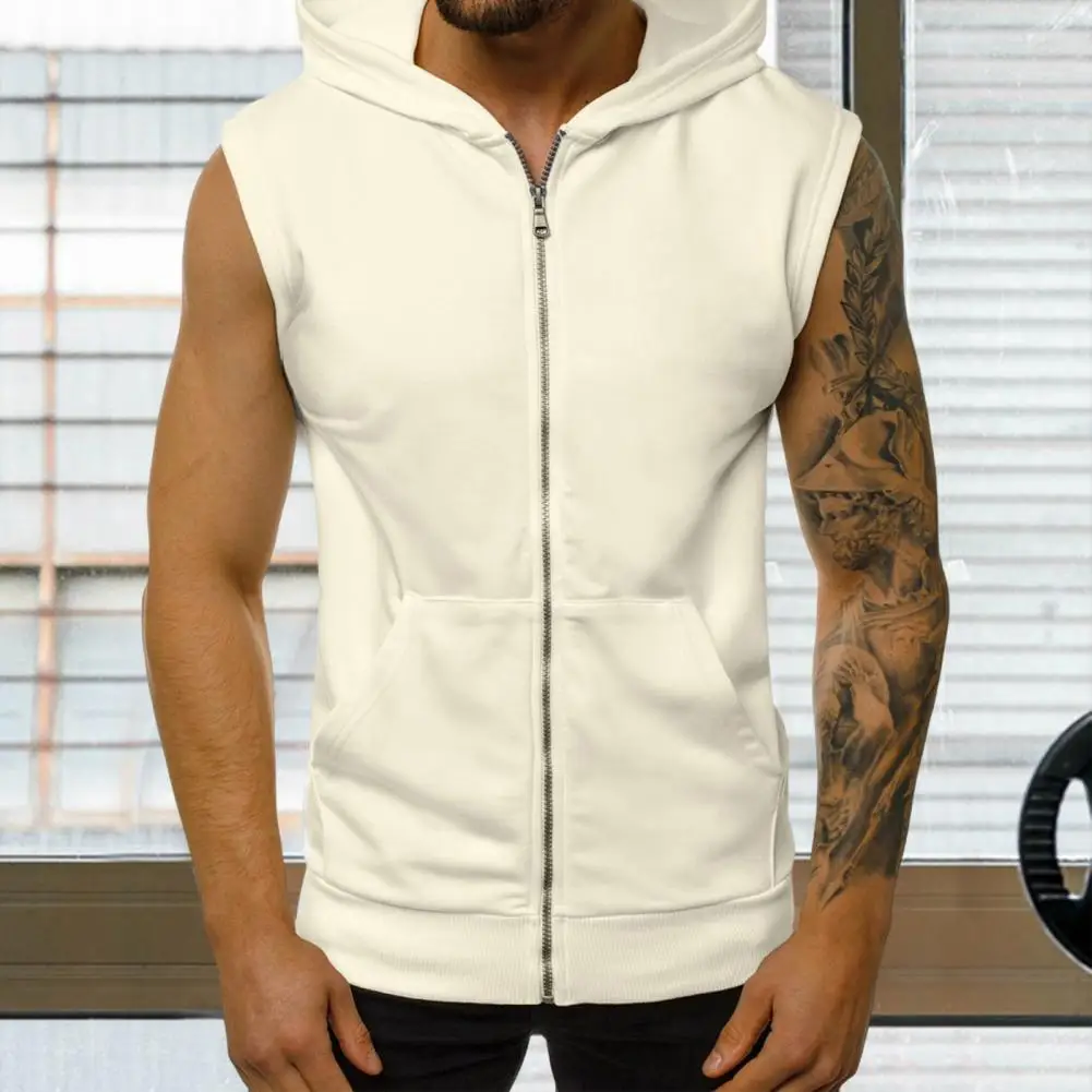Men Sports Vest Drawstring Pockets Hooded Top Zipper Closure Running ...