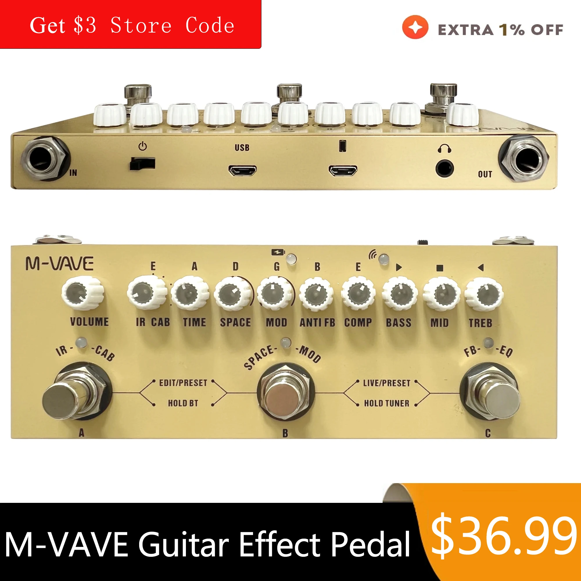 M-vave Cube Baby Rechargeable Multi Effects Pedal For Wooden Acoustic ...