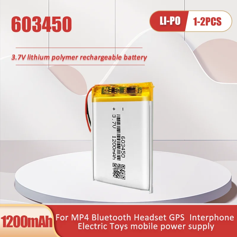 1-2PCS 603450 3.7V 1200mAh Rechargeable Li-ion Lithium Polymer Battery ...