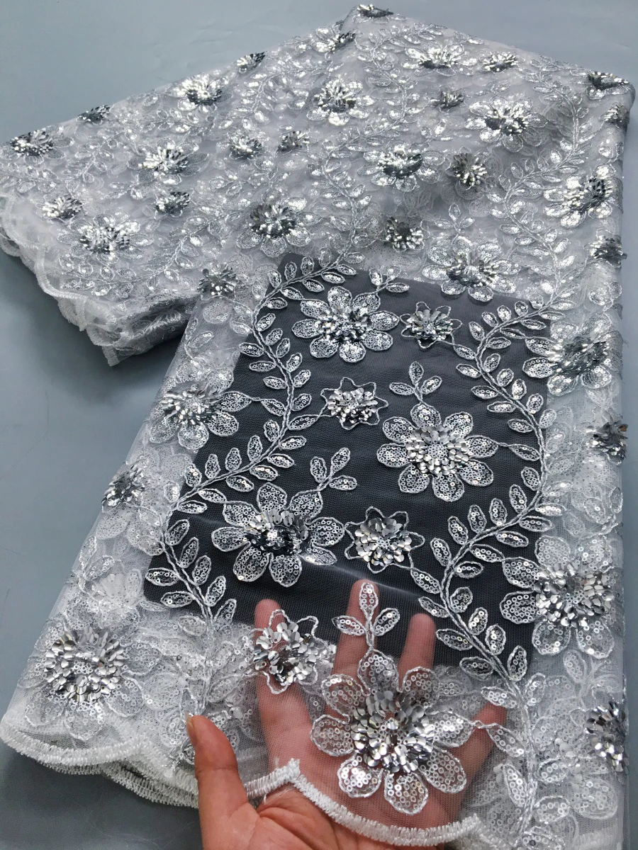 Sterling Silver Embroidered French Lace | Metallic Floral on Ivory ...