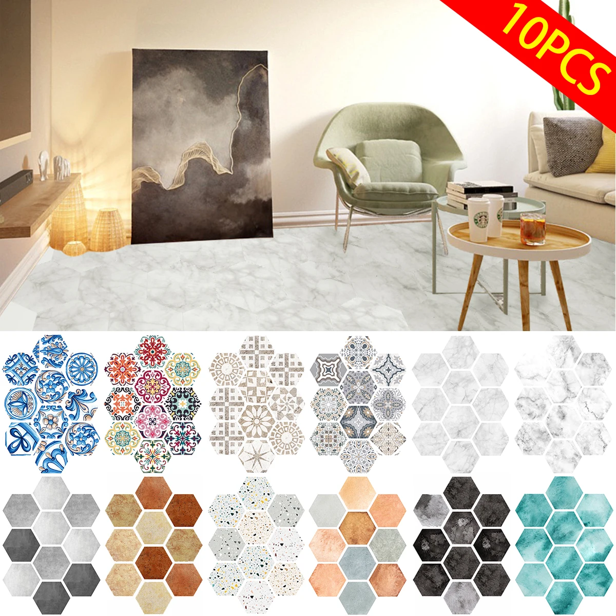 10Pcs-Hexagon-Non-Slip-Floor-Sticker-Self-Adhesive-Waterproof-Tile ...