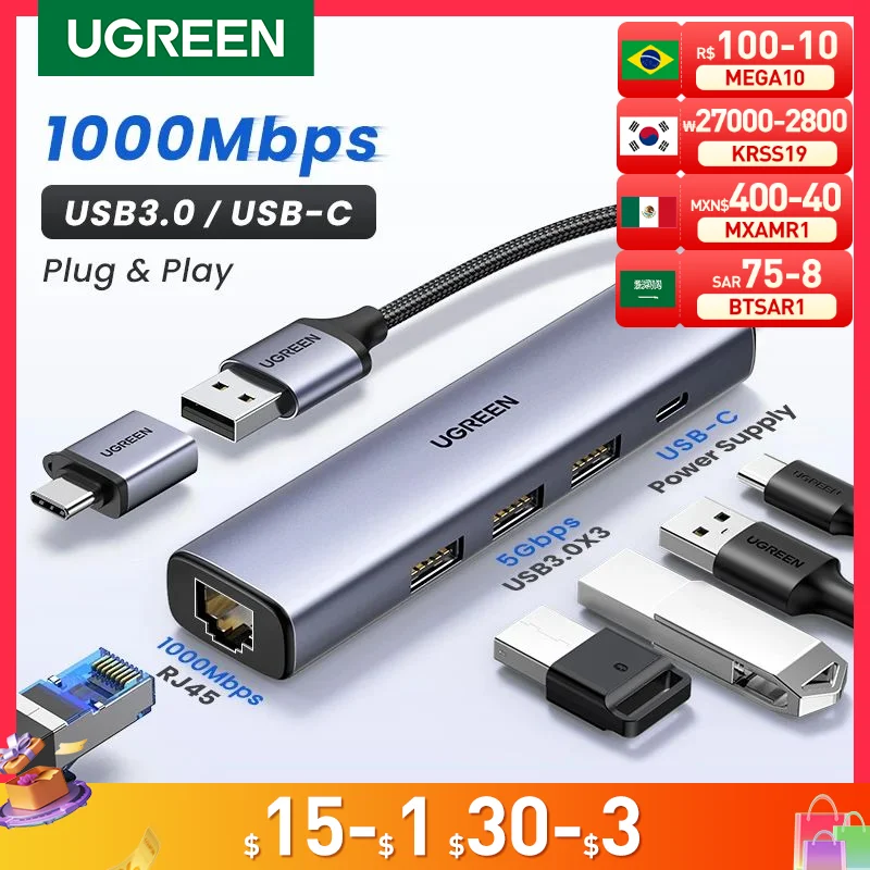 UGREEN-USB-Ethernet-Adapter-1000-100Mbps-USB3-0-HUB-RJ45-Lan-for-Laptop ...