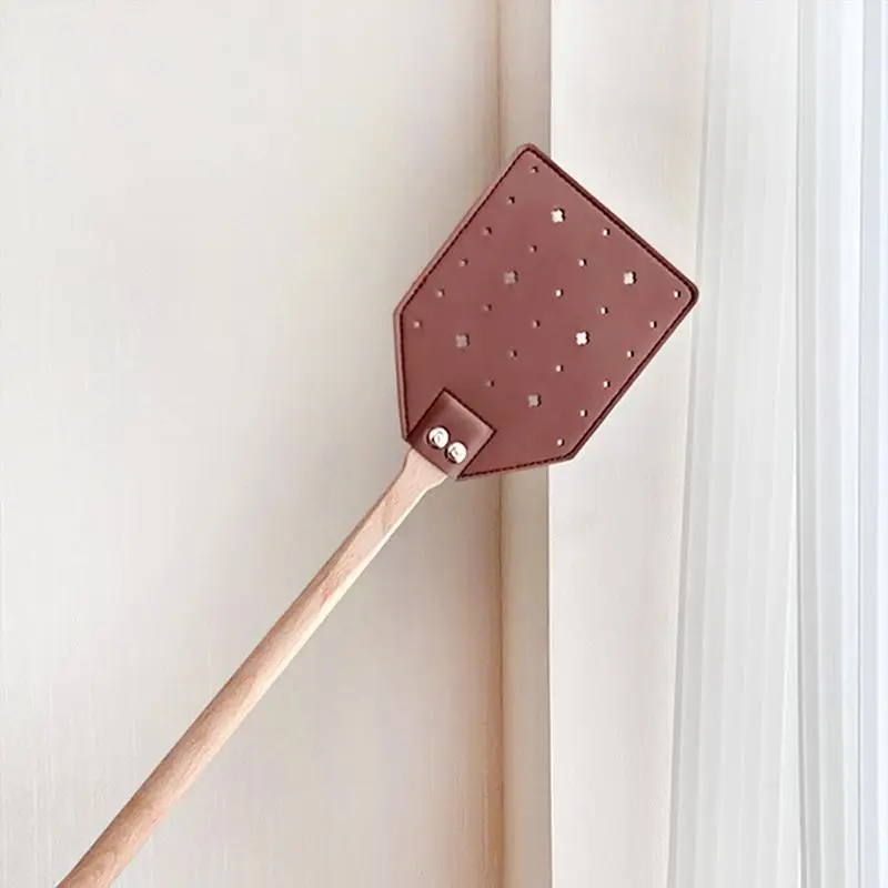 Leather-Fly-Swatter-with-Long-Wood-Handle-Sturdy-Durable-Flyswatter-for ...