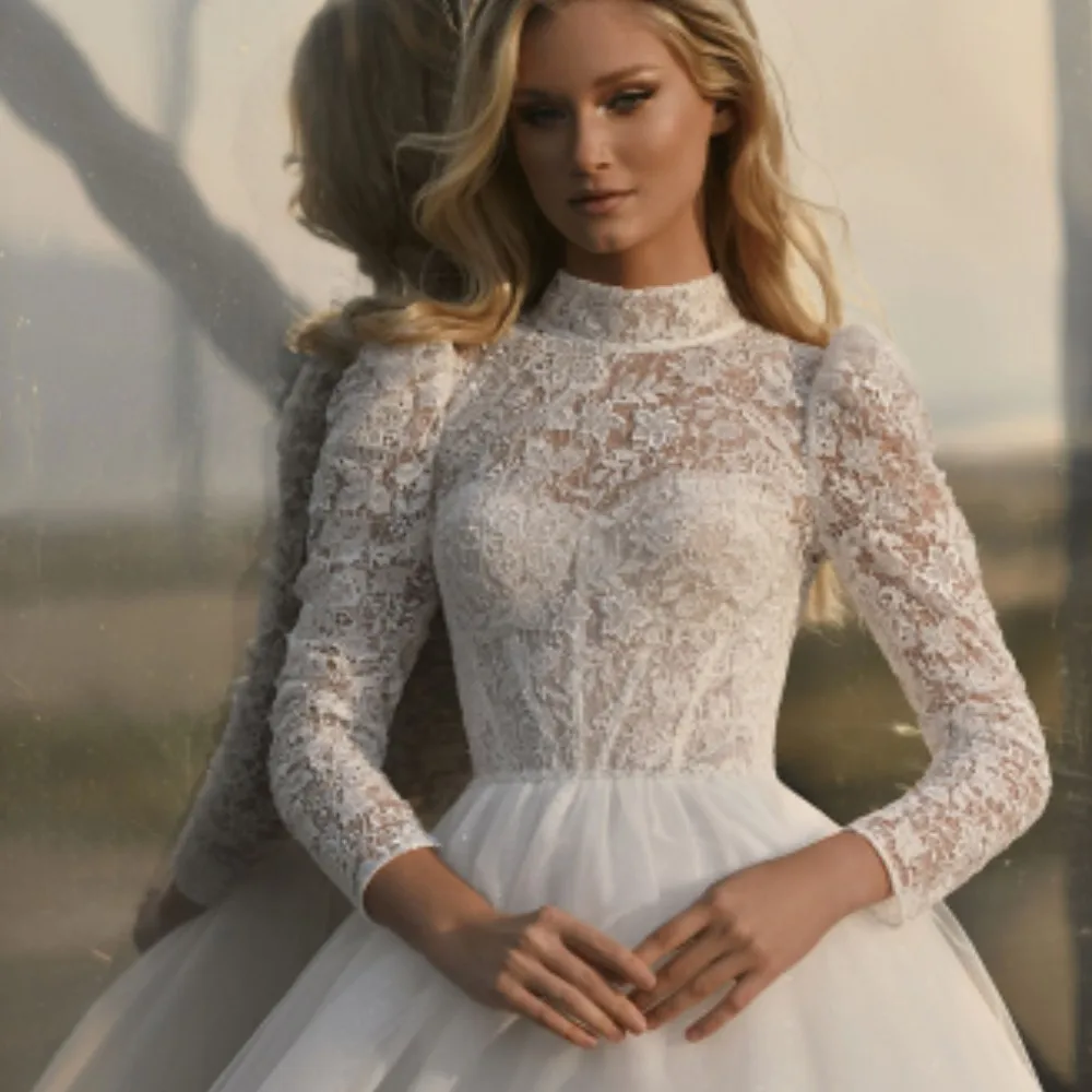 Vestido de novia de manga larga con cuello levantado de ilusión de encaje, vestido de graduación ...