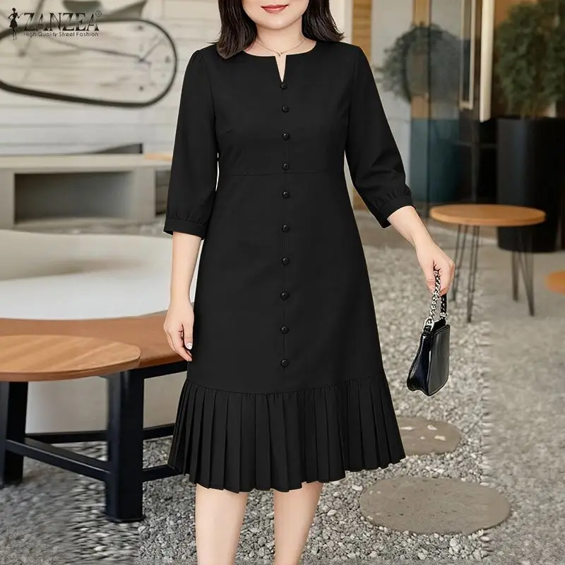 2026 ZANZEA Spring Office Work Sundress Women Elegant V Neck 3/4 Sleeve ...