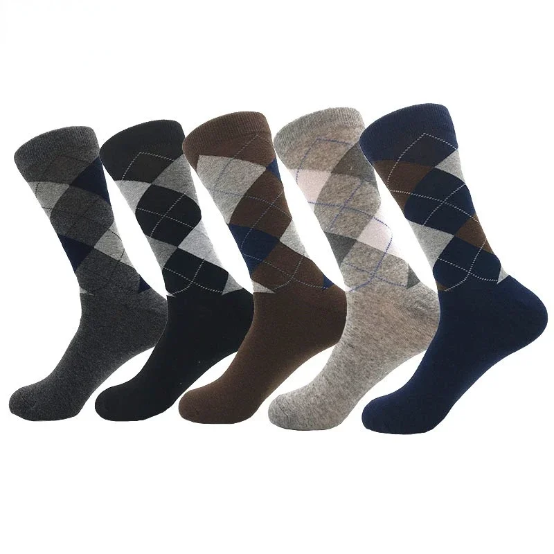 5 Pairs/Pack Cassic Retro Fashion Men Socks Combed Cotton Rhombus Solid ...