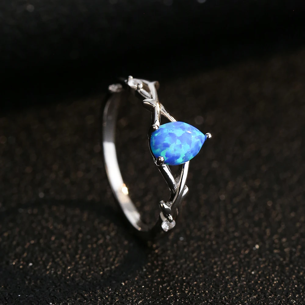 S925-Silver-Blue-Opal-Rings-Women-Branch-Droplet-Gem-Ring-Female ...