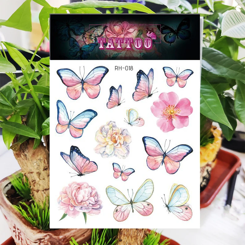 Temporary-Tattoo-Sticker-Pink-Rose-Flowers-Butterfly-Waterproof-Tatoo ...