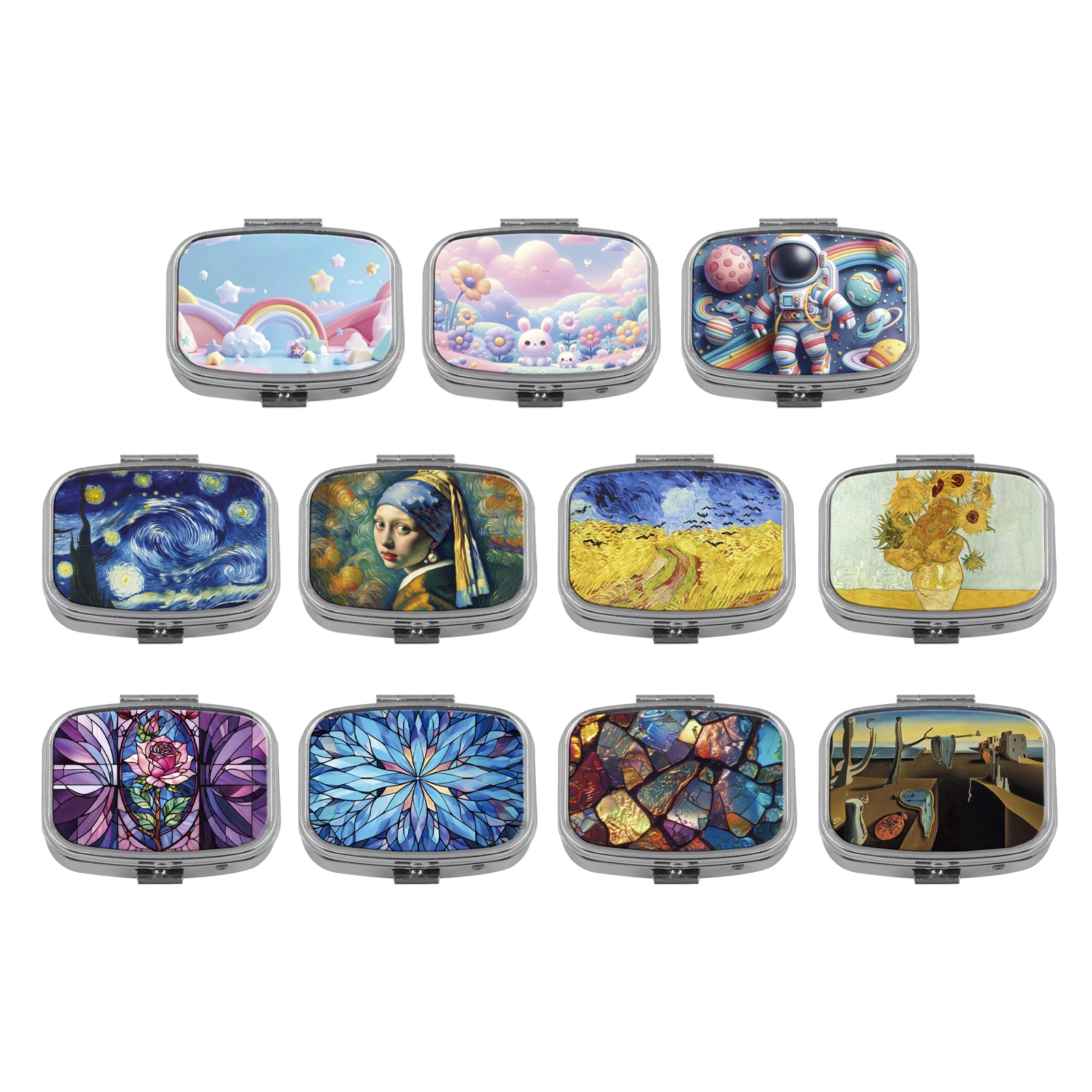 Van Gogh Art Painting Pill Boxes Divided Metal Square Rose Pill Box ...