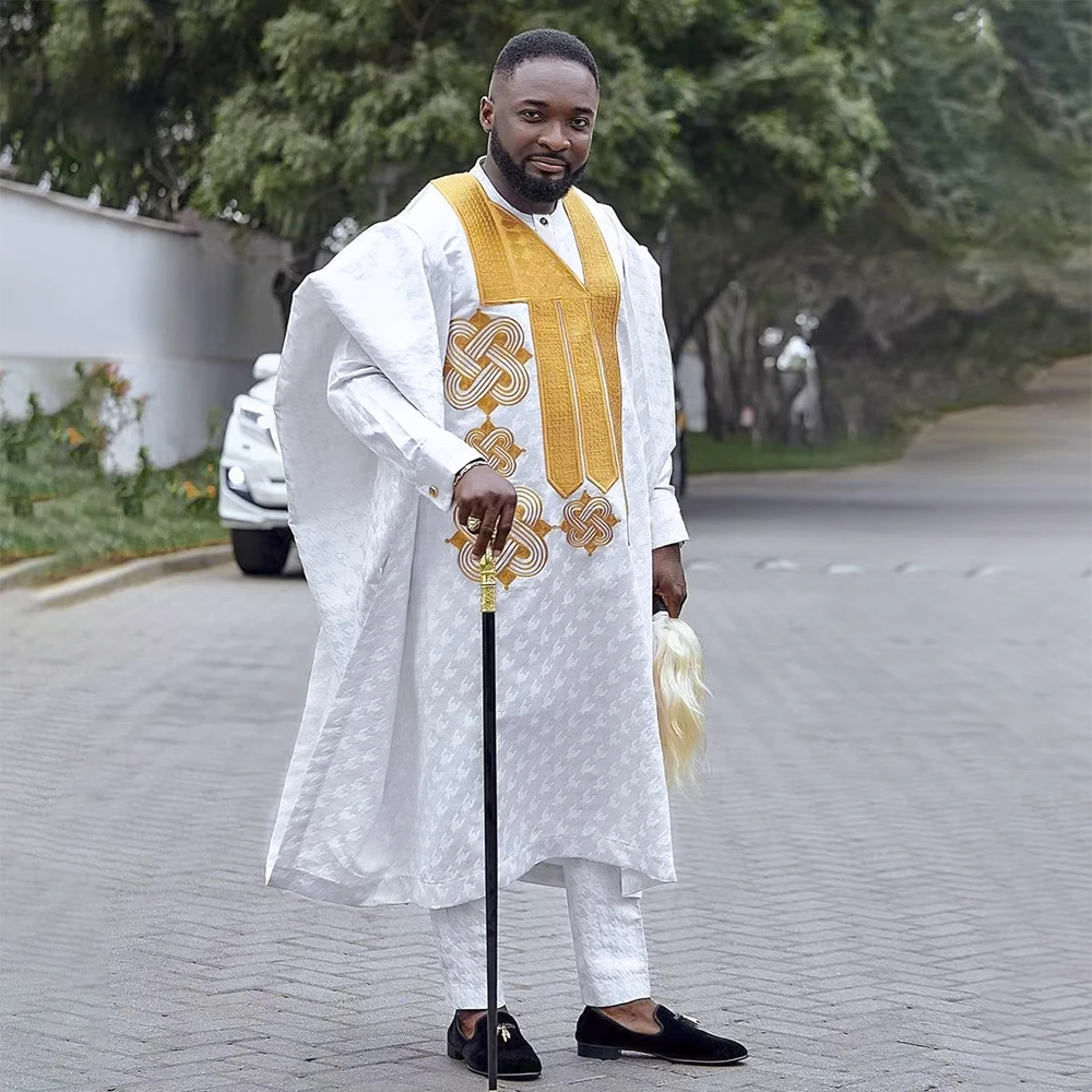 H&D African Clothes for Men Traditional Bazin Riche Embroidery White ...