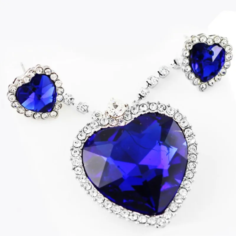 BLUE heart Pendant Crystal shine rhinestones Necklace Earring Jewelry ...