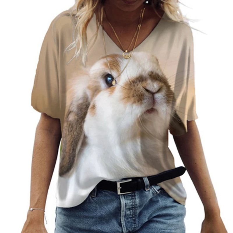 Summer-Cute-Lop-Dwarf-Rabbit-T-shirt-Bunnies-3D-Print-Women-V-Neck-T ...