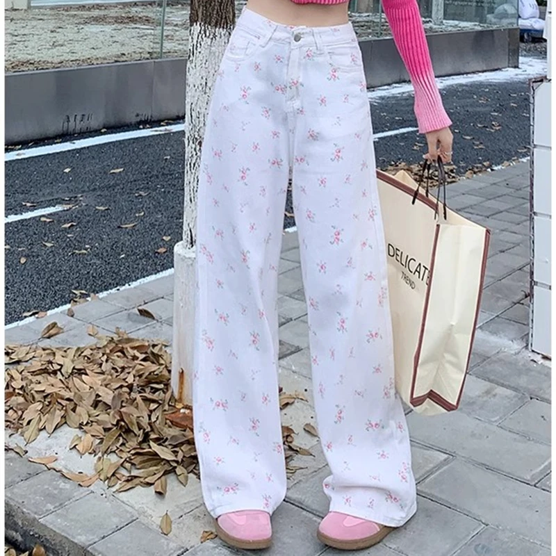 Woman-High-Waist-Korean-Floral-Wide-Leg-Jeans-Female-Harajuku-Fashion ...