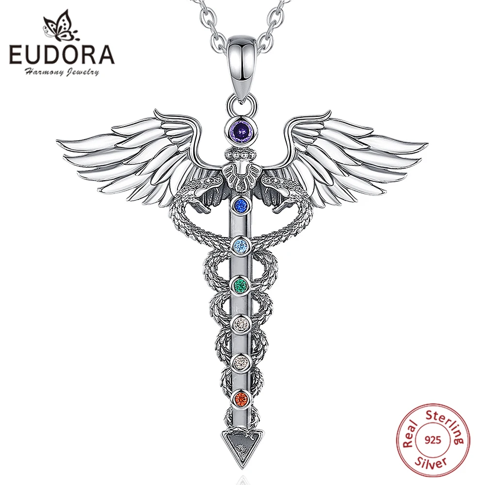 Eudora 925 Sterling Silver Caduceus Necklace for Men Double Snake Wing ...