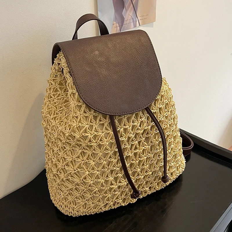 Drawstring Female Straw Bag ,Summer Beach Hollow Lady Weave Pack Bag ...