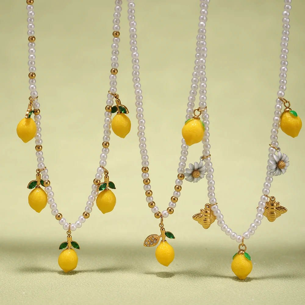 Nivora Resin Fruit Lemon Pendant Necklace For Women Imitation Pearl ...