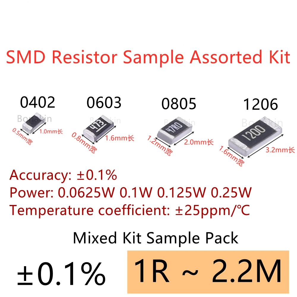 0402 0603 0805 1206 Kit sortido de amostra de resistor SMD 0,1% 0R 10R ...