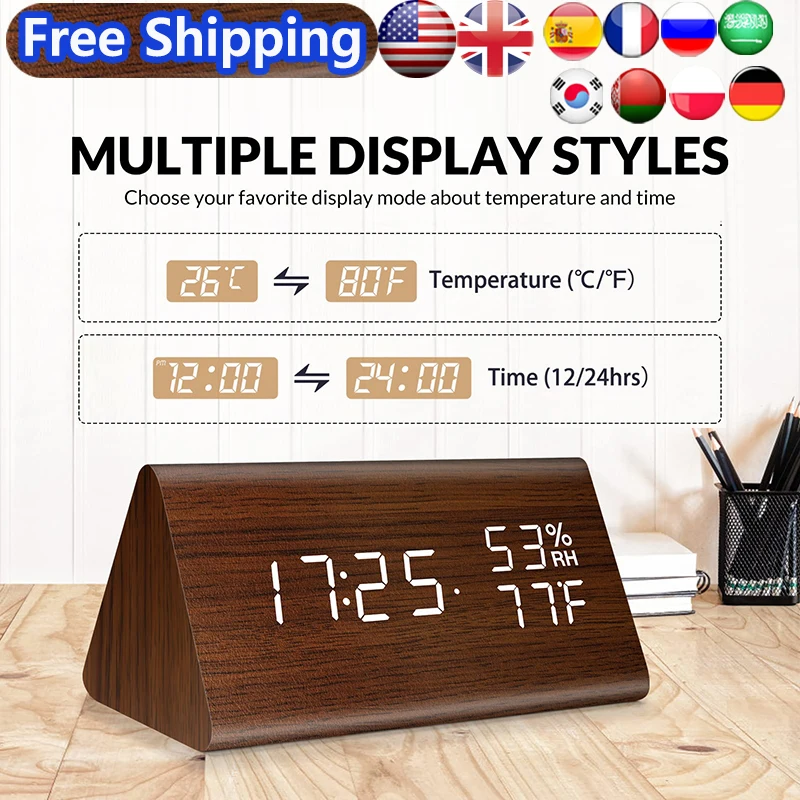 Wooden-Digital-Clock-LED-Alarm-Clock-With-Temperature-and-Humidity-Desk ...